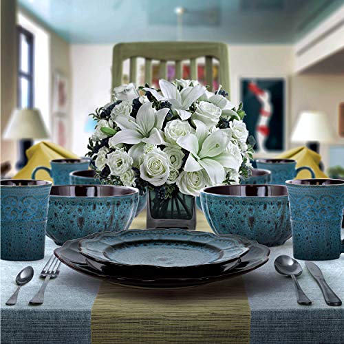 Elama Round Stoneware with Scalloped Edges Dinnerware Dish Set, 16 Piece, Blue