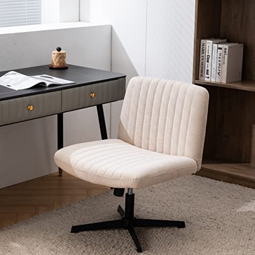 ESTRUCO Armless Wide Office Chair Fabric Padded Desk Chair No Wheels Task Vanity Chair Swivel Home Office Desk Chair 120°Rocking Mid Back Computer Chair for Make Up (Textile-Beige)
