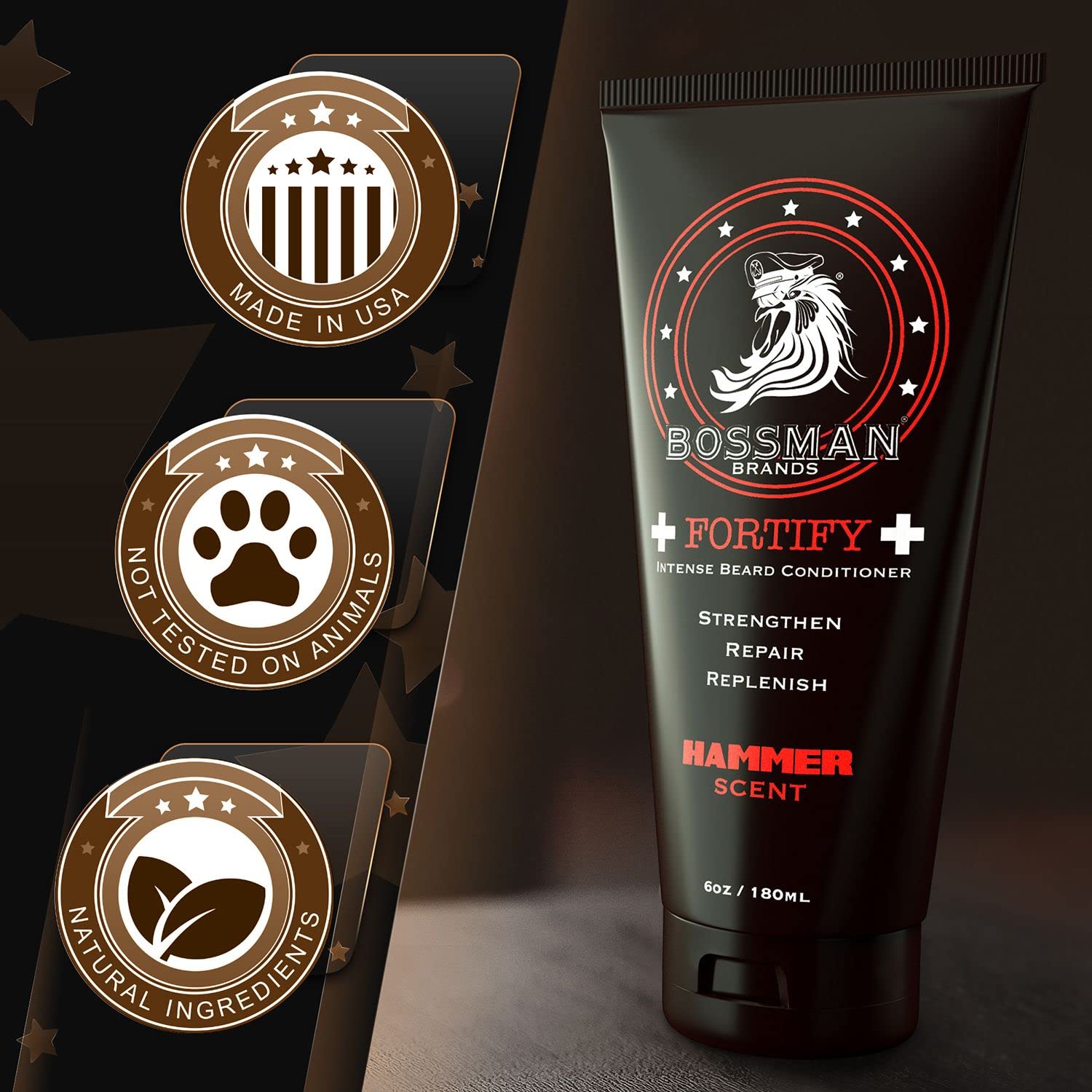 Bossman Fortify Intense Beard Conditioner - Shower Beard Wash, Moisturizer and Beard Softener for Men - Beard Growth Products - Made in USA (Hammer Scent)