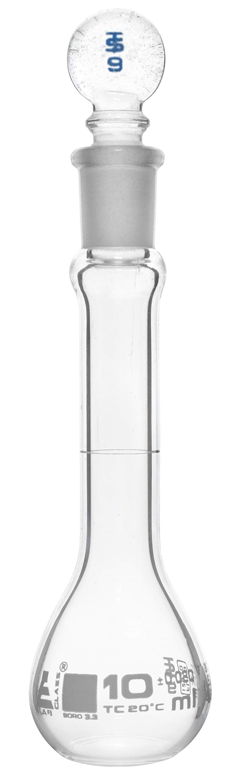 EISCO Volumetric Flask, 10ml - Class A, ASTM - Tolerance ±0.020 ml - Glass Stopper - Single, White Graduation