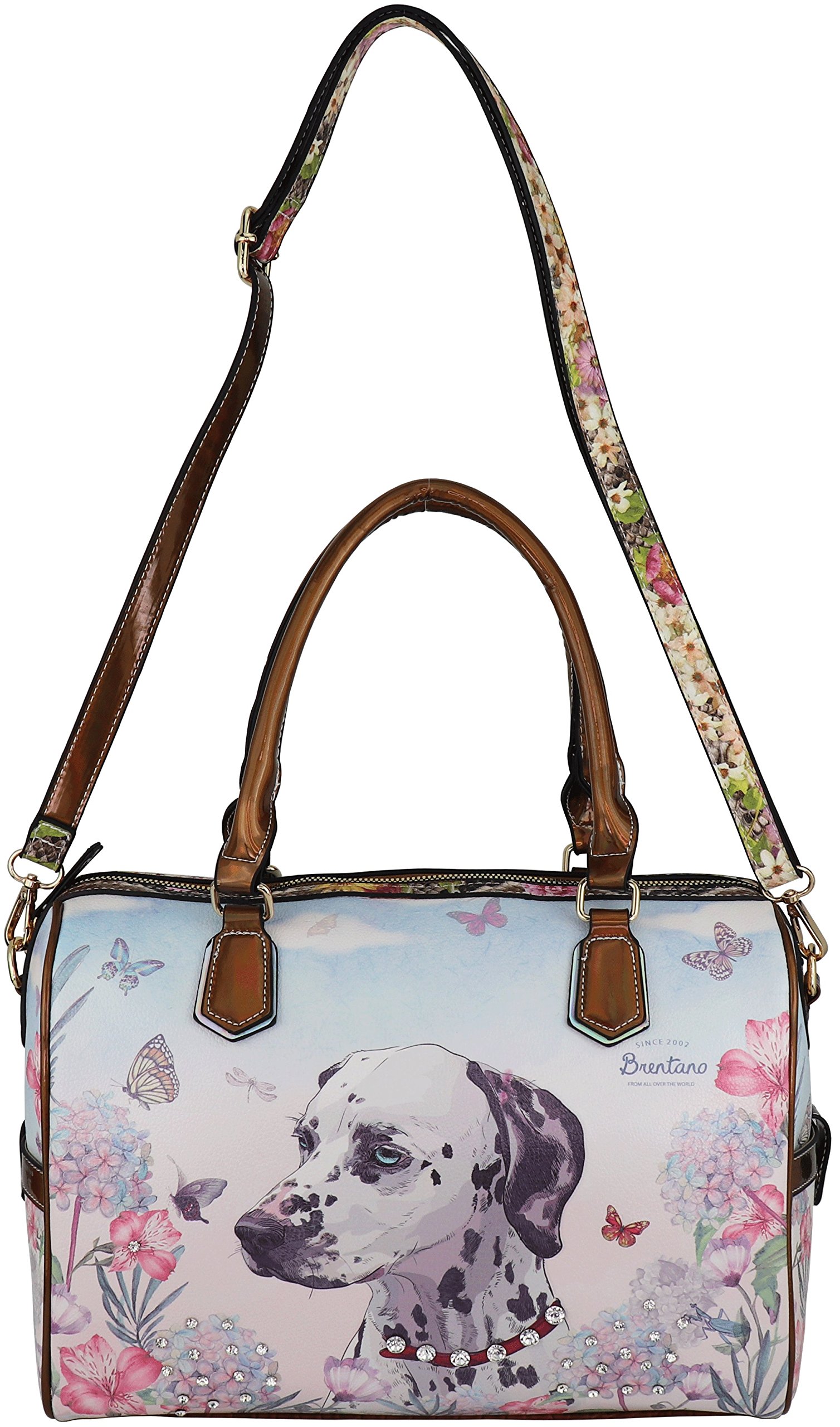 B BRENTANO Vegan Cute Animal Graphic Top Handle Boston Shoulder Bag with Rhinestones (Cozy Dog Wagon.)