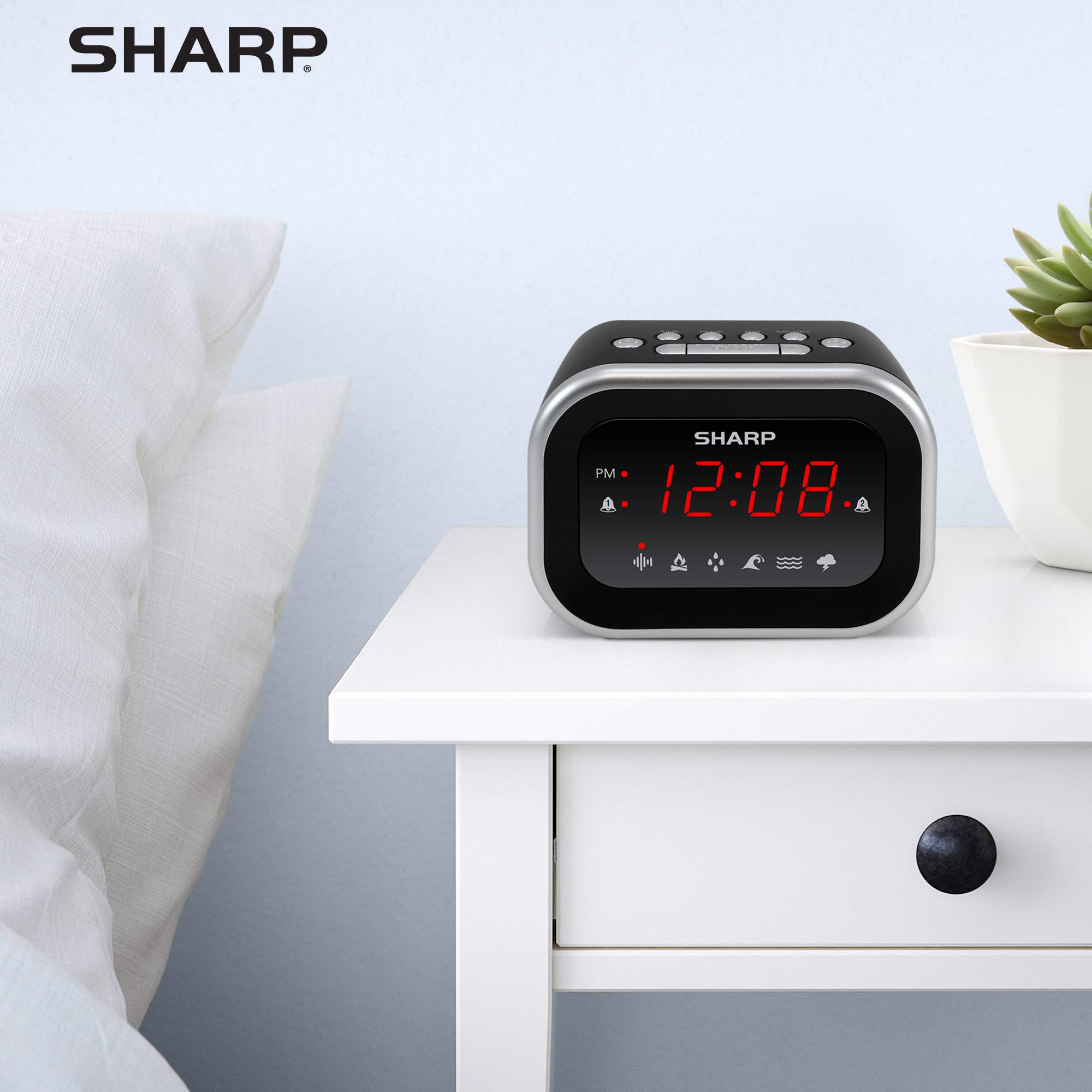 SHARP Dual Alarm Clock with Sound Machine with 6 Relaxing Sounds: White Noise, Campfire, Rain, Ocean, Brook, Thunderstorm, Easy to Use, Red LED Display