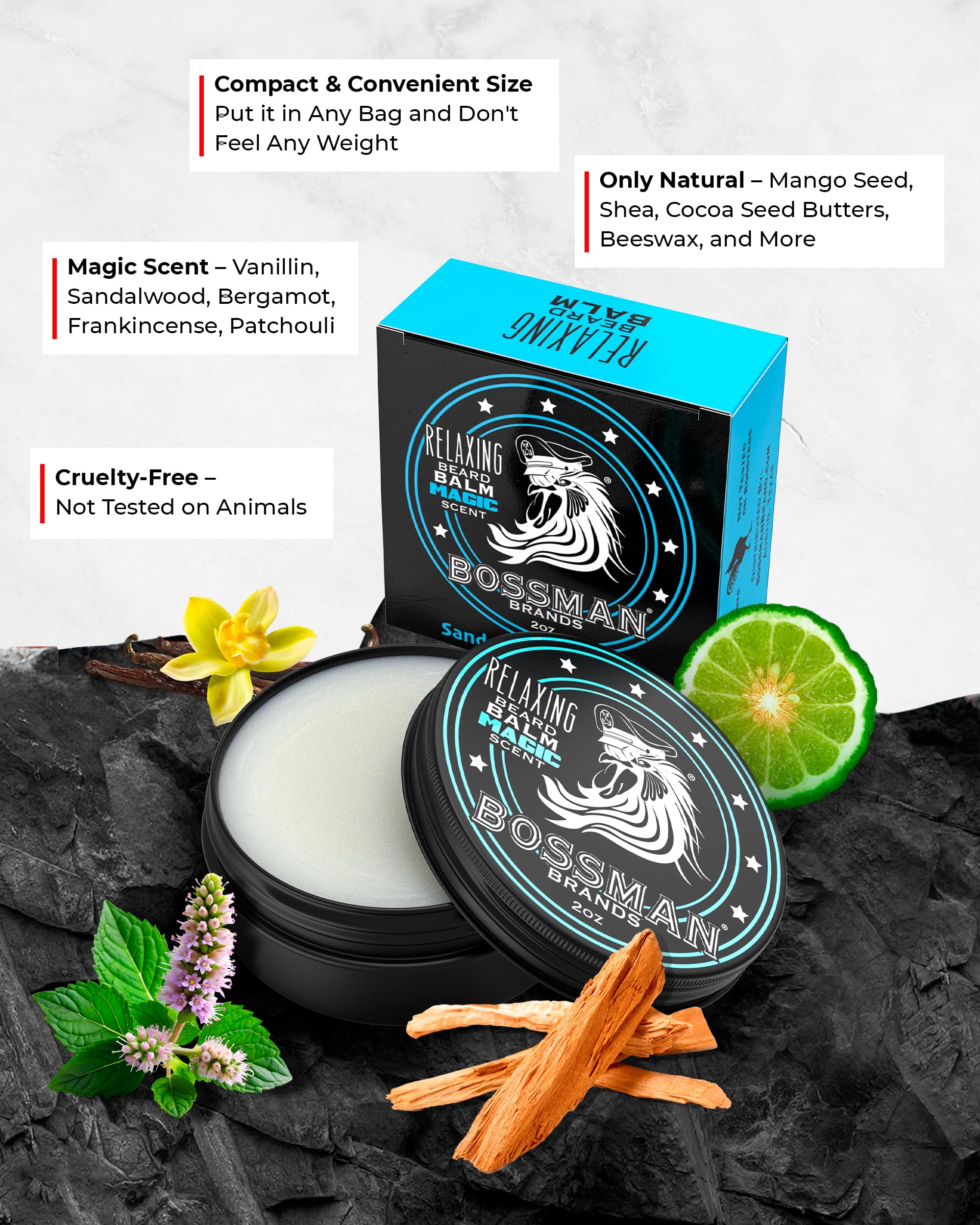 Bossman Relaxing Beard Balm - Beard Tamer, Relaxer, Thickener and Softener Cream - Beard Care Product - Made in USA (Magic Scent)