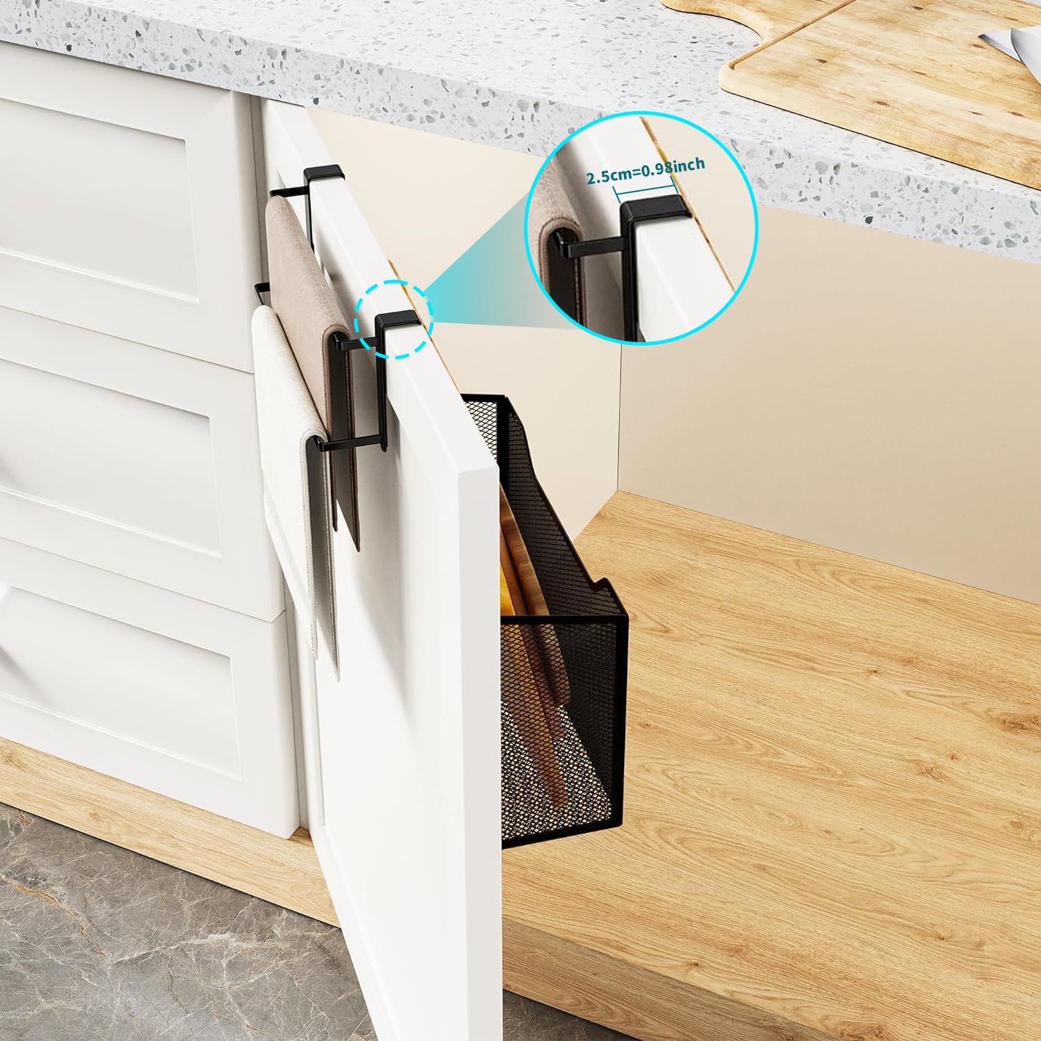 2 Pack Cabinet Door Organizer with Double Towel Bars Over The Cabinet Door Organizer Kitchen Cabinet Organizers and Storage Cutting Board Holder Suitable for Cabinet Doors Less Than 0.98 Inch Thick