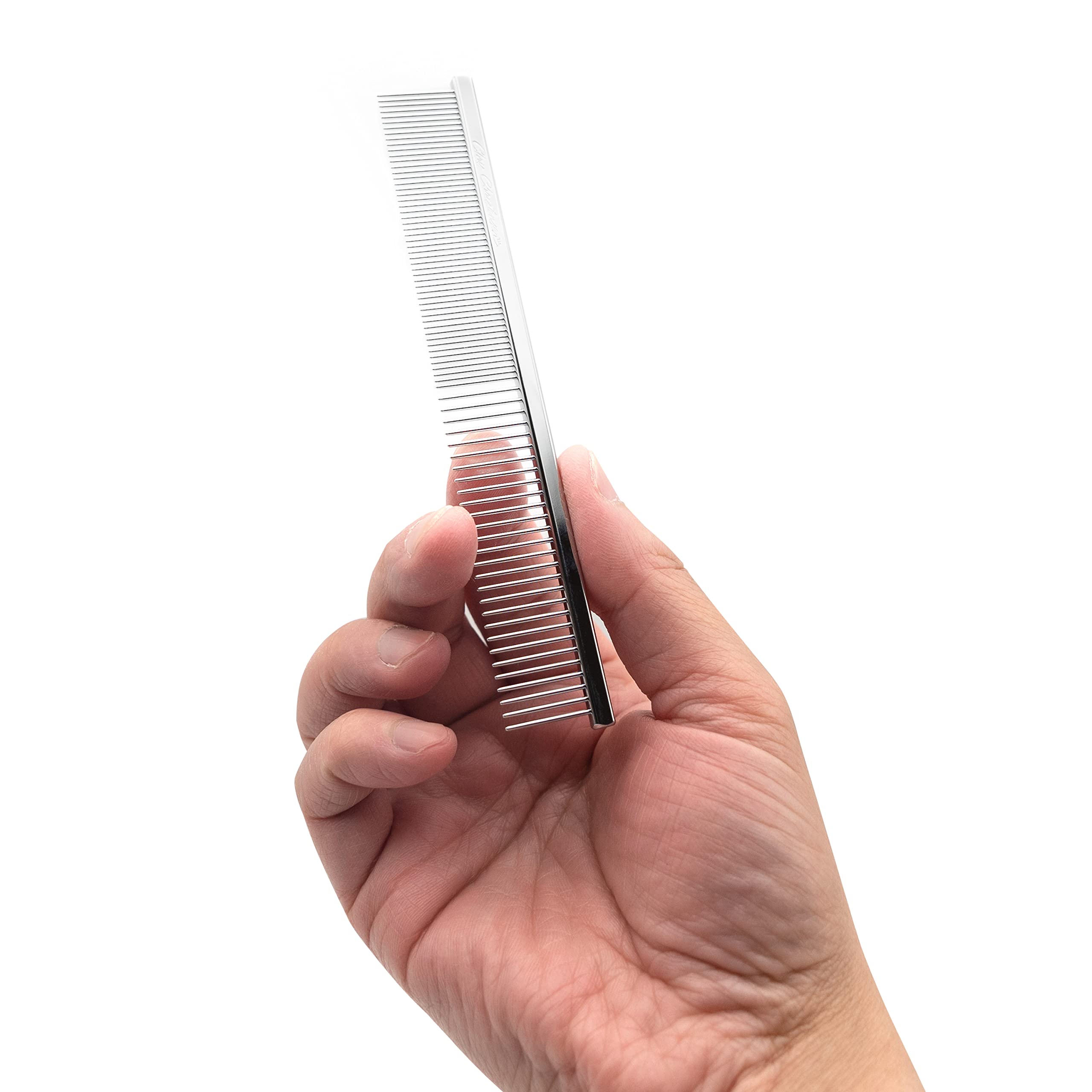 Chris Christensen 5in Face and Feet Fine/Coarse Butter Comb, Groom Like a Professional, Rounded Corners Prevent Friction and Breakage, Solid Brass Spin with Steel Teeth, Chrome Finish