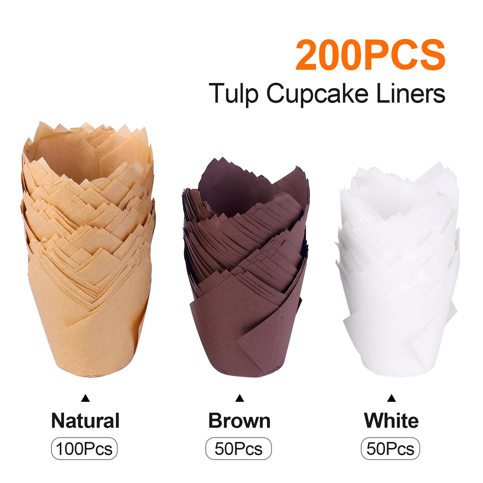 200PCS Tulip Cupcake Liners, Upgrade Parchment Paper Muffin Liners for Baking, Cupcake Wrapper for Party, Wedding, Birthday, Standard Size, Natural White Brown