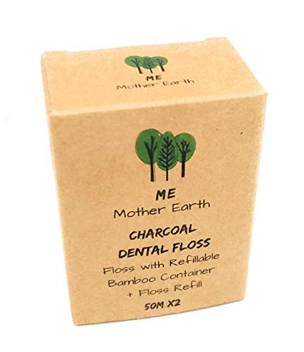 Vegan Biodegradable Bamboo Charcoal Dental Floss with Refillable Bamboo Container | Free Refill | Natural Candelilla Wax | 55yds x2 | Peppermint Essential Oil | Eco Friendly | Zero Waste Oral Care