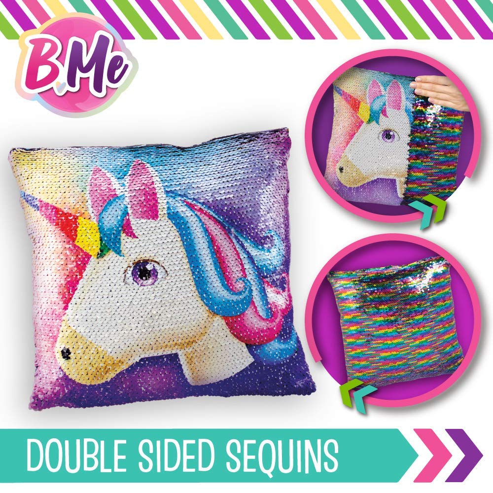 B Me Sequin Unicorn Pillow for Girls - Reversible Double Sided Rainbow Doodle Sequined Pillows - Bedroom Decor Art - Creative Magic Glitter Pillow with 8 Markers