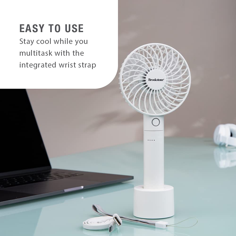 Brookstone Portable Mini Personal Fan with Power Bank | USB Rechargeable 2600mAh Battery | Handheld Desk Fan | Whisper Quiet 5-Speed