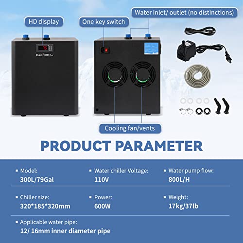 Poafamx Aquarium Chiller 79Gal 1/3 HP Water Chiller for Hydroponics System Home Use Axolotl Fish Coral Shrimp 110V with Pump and Pipe