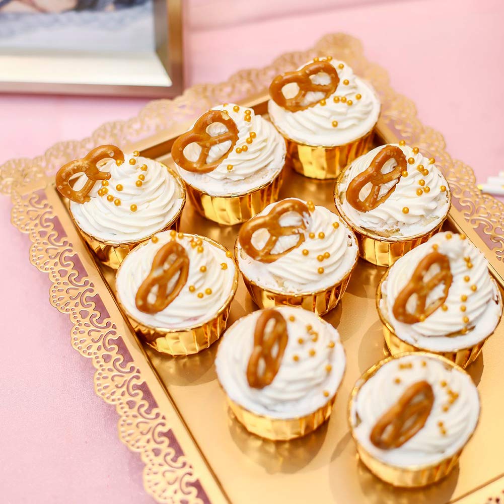 2Pcs Iron Cupcake Plate Dessert Serving Tray Fruit Platter for Halloween Tea Party Brithday Party Wedding Baby Shower Rectangle Gold