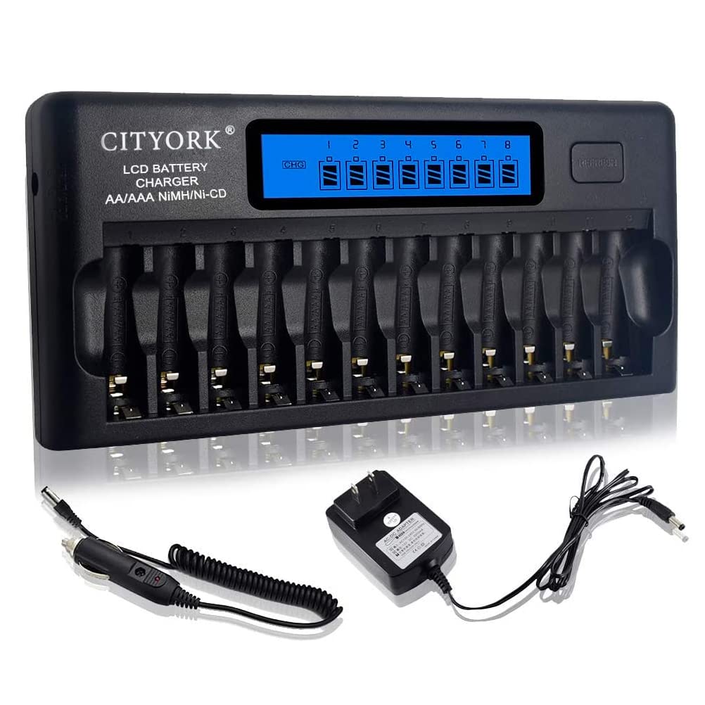 CITYORK 12 Slot LCD Smart Rechargeable Battery Charger Fast for 1.2V AA AAA NiMH Rechargeable Batteries with Car Charger