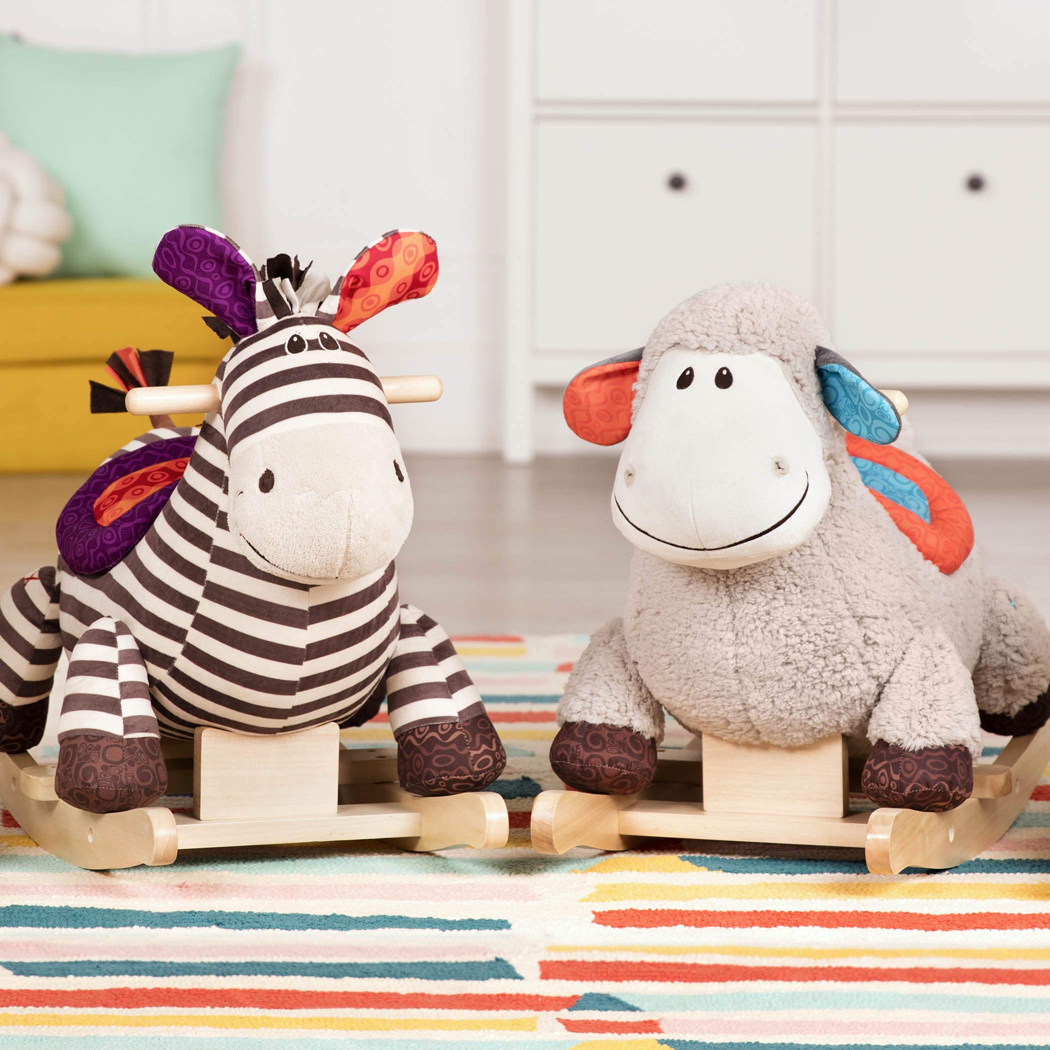 B. toys by Battat Kazoo Wooden Rocking Zebra – Rodeo Rocker – Plush Ride On Zebra Rocking Horse for Toddlers and Babies 18m+, B. Rocking Zebra