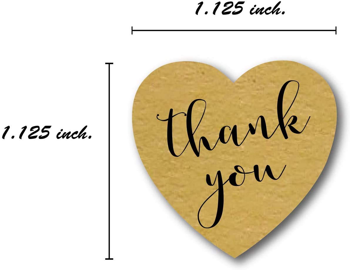 Brown Kraft Heart Shape Thank You Stickers / 500 Heart Labels / 1 1/8" Thank You Envelope Seals