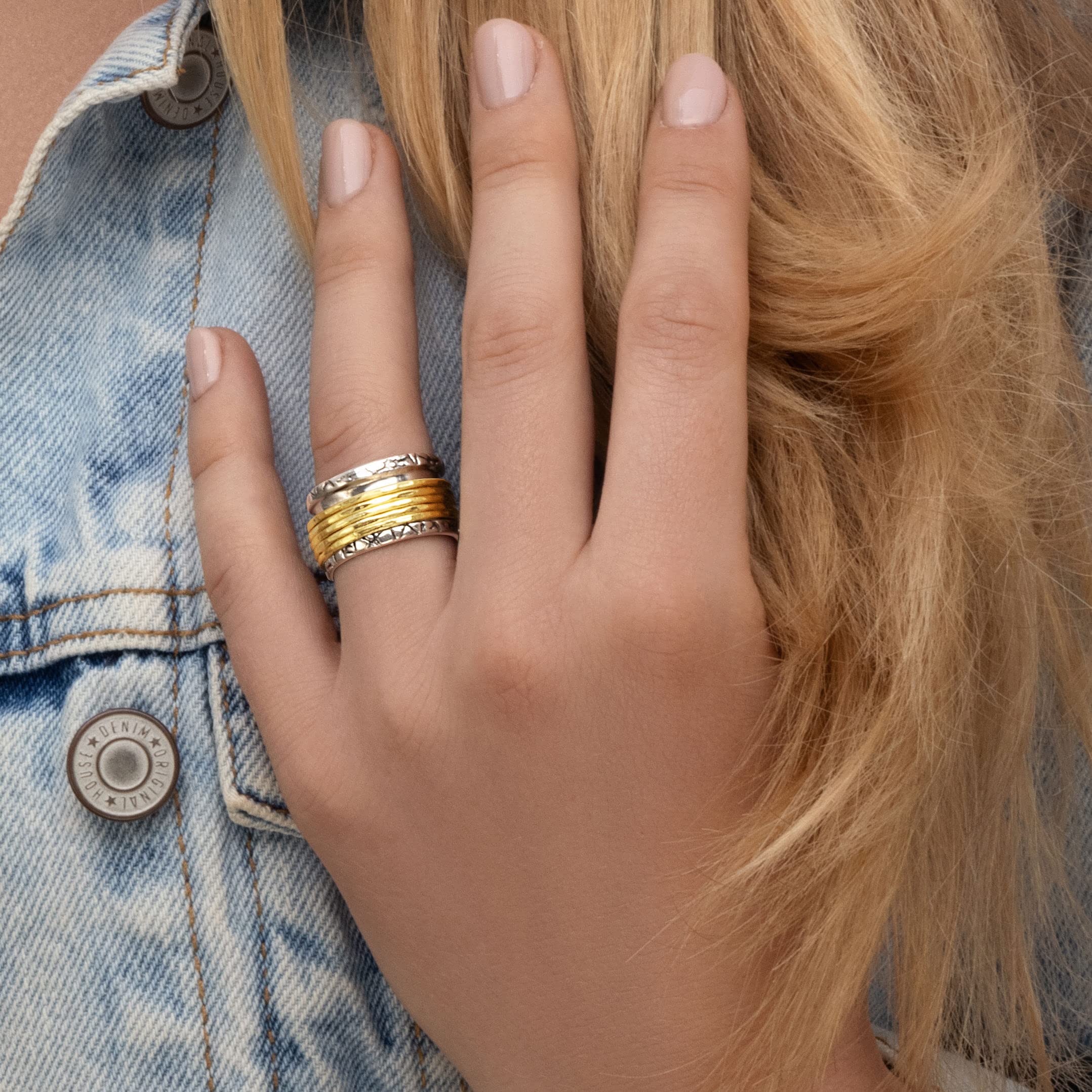 925 Sterling Silver Rotating Spinner Ring with 5 One Micron 14K Gold Plated Sterling Silver Hammered Spinner Rings - Hypoallergenic, Nickel & Lead-free - Artisan Handcrafted Designer Collection