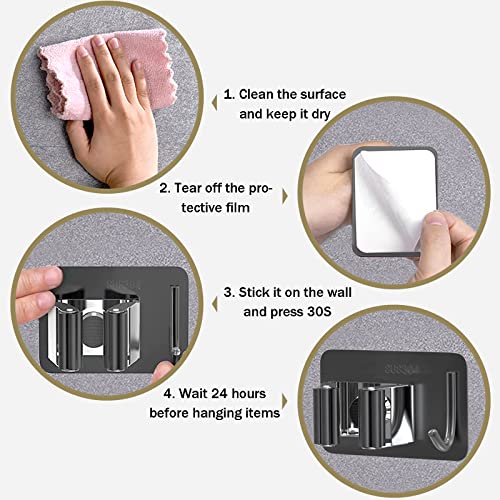 CELBERENA 5 Pack Mop Broom Holder No Drill SUS304 Stainless Steel, Self Adhesive Mop Broom Organizer Wall Mounted Heavy Duty with Hooks Storage Hanger for Bathroom, Kitchen, Office, Black