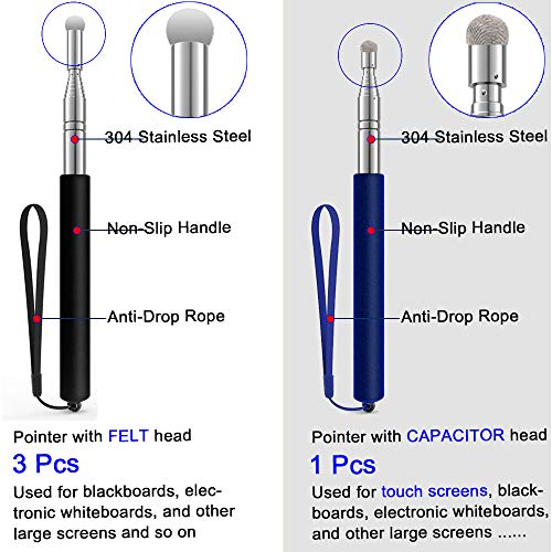 Pointer for Teachers, Yeeseok 4 Pcs Telescoping Teachers Pointers Stick Stainless Steel Extendable for Classroom Supplies (3 Pcs with Felt Tip & 1 Pcs with Capacitor Tip for Touch Screens iPad)