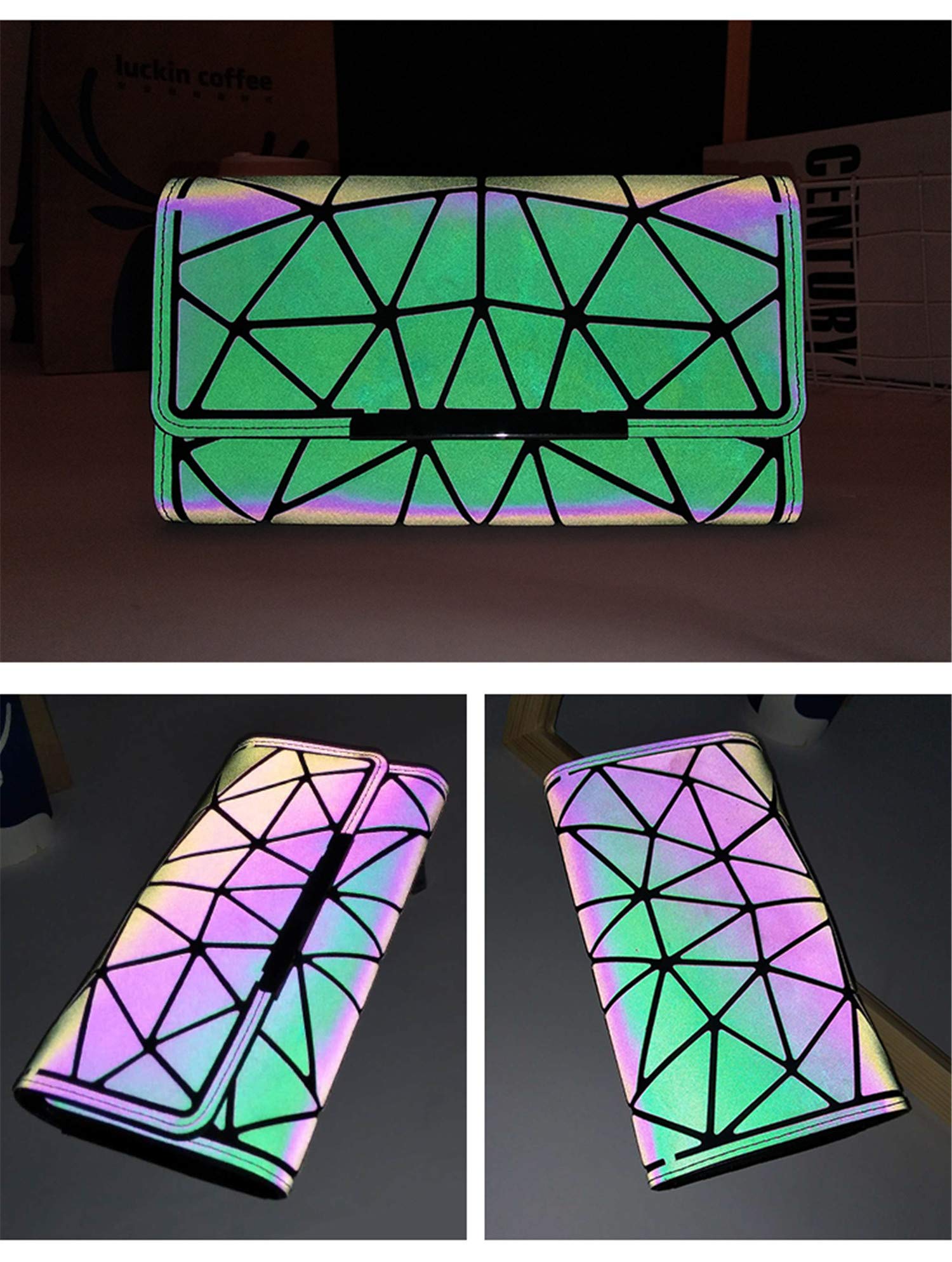 Andongnywell Iridescent Long Coin Purse Womens Geometric Rhomboids Wallets Trifold Reflective Clutch Luminous Wallet (Multicolor)