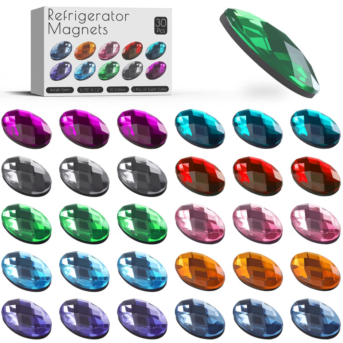30 Pcs Refrigerator Magnets, Fridge Magnets, Gem Magnets, Colorful Magnets, Decorative Magnets for Fridge Whiteboard Locker Cabinet, Cute Magnets for Office Home Kitchen School, Oval, 10 Color.