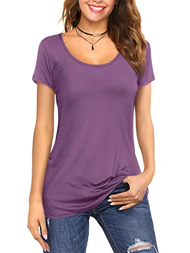 Amoretu Womens Soft Tee Tops Short Sleeve Scoop Neck Tunic T Shirts (Plum, L)