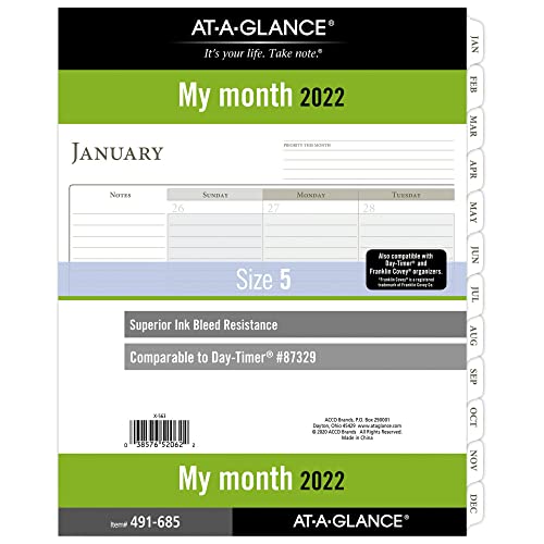2022 Monthly Planner Refill by AT-A-GLANCE, 87329 Day-Timer, Size 5, Folio Size, Loose-Leaf (491-685) - White
