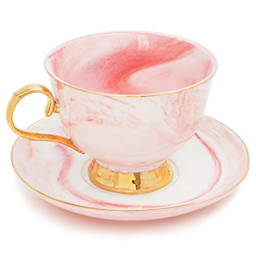 3-Piece Pink Marble Tea Cup and Saucer Gift Set for 1, 7 oz Teacup with Gold Spoon