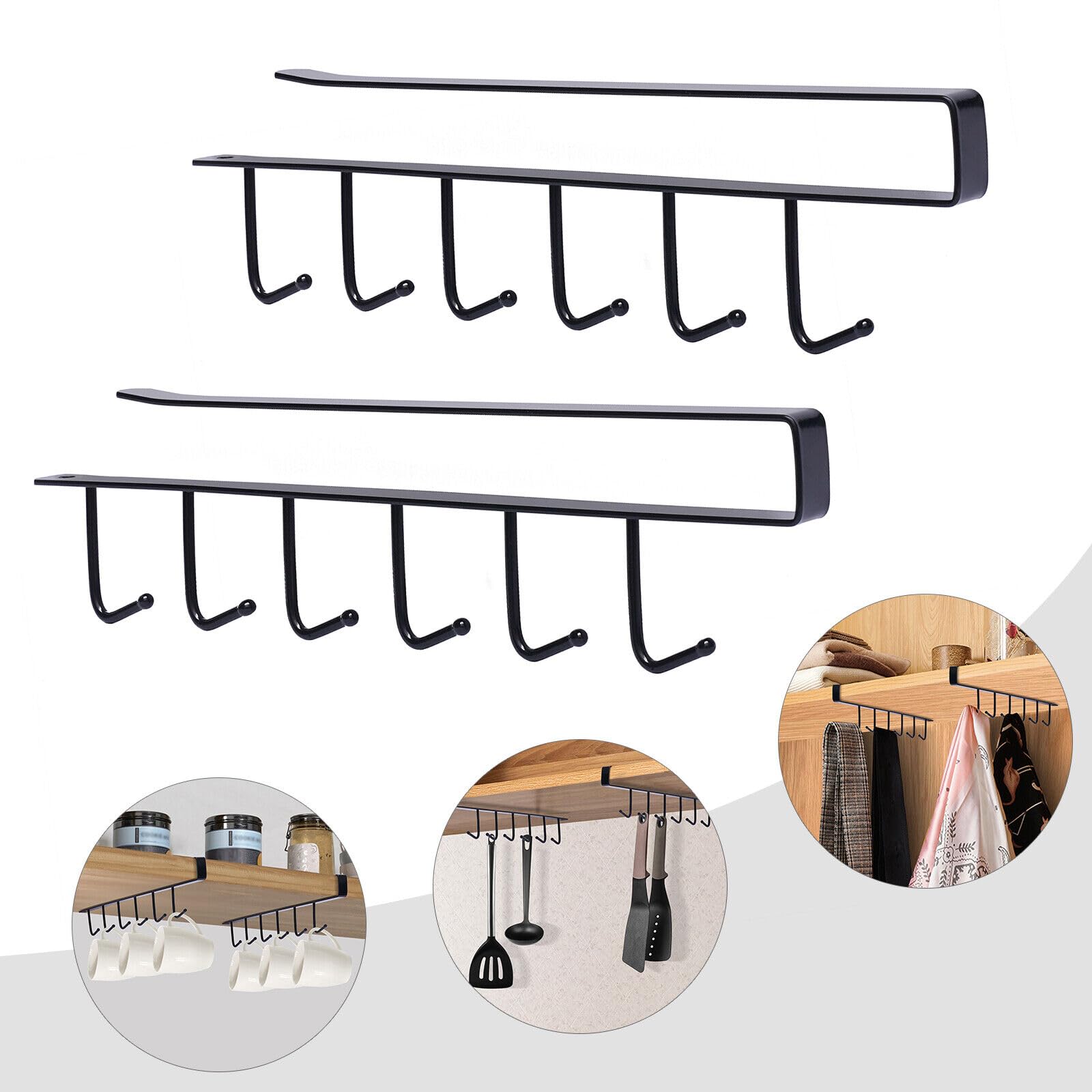 2PCS Kitchen Hook, 6-Hooks Mug Hooks, Mug Holder Rack Under Cabinet, Cups Wine Glasses Storage Hooks, Coffee Cup Mug Holder, Mug Hooks Under Shelf, Racks Under Cabinet, for Flat Buttom Cabinet