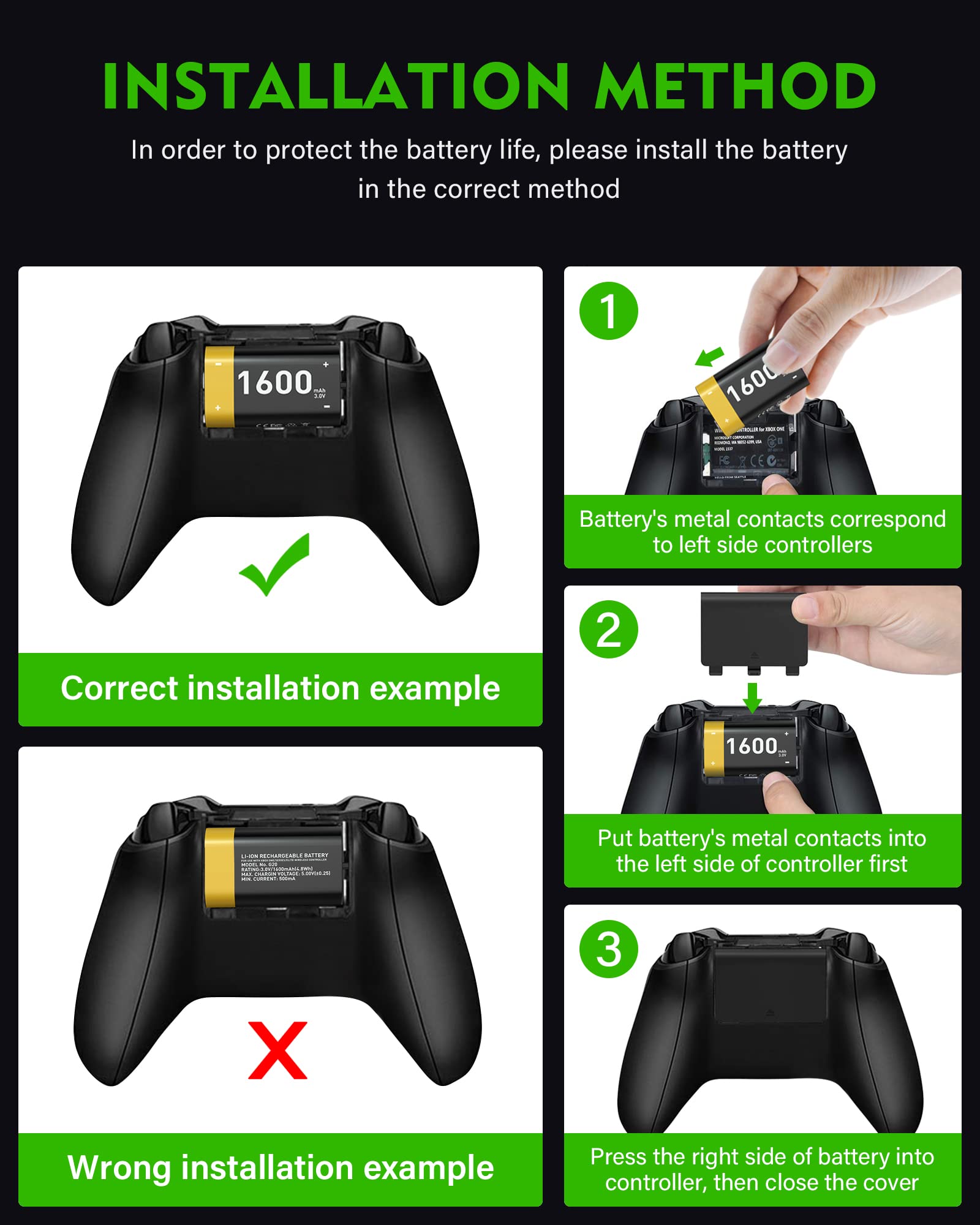 2 Pack Controller Lithium-ion Battery Pack Compatible for Xbox One / Xbox Series X|S Controller, 1600mAh Rechargeable Li Battery Pack with 0.5M USB Charging Cable for Xbox One/One S/One X/One Elite