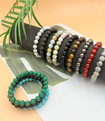 BOMAIL 12Pcs Natural Semi-Precious Gemstones Bracelets -8mm Round Beaded Bracelets for Men Women Reiki Healing Crystals Beads Stretch Bracelet