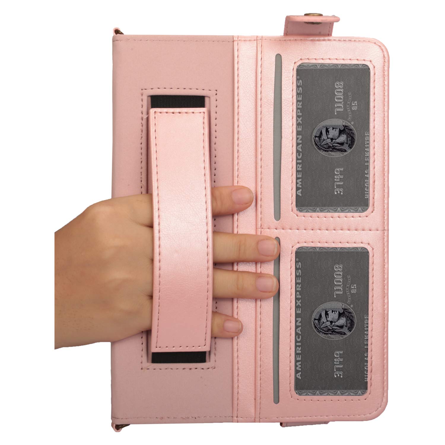 Case for 9.7-inch iPad 2018 2017 (iPad 5th/6th Generation), iPad Air/Air 2 Case, Techcircle Smart Folio Stand PU Leather Crossbody iPad Cover with Hand Strap, Card/Pencil Holder Wallet Case, Rose Gold