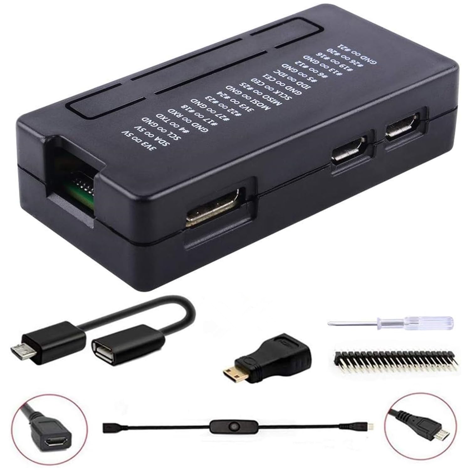GeeekPi Pi Zero 2 W Case/Zero W Case, 7 in 1 Basic Starter Kit with 20Pin GPIO Header, OTG Cable, Switch Cable, HDMI Adapter and Screwdriver for Raspberry Pi Zero 2 W/Zero W (Black)