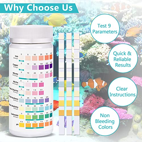 9 in 1 Aquarium Water Test Kit, 100 Strips Aquarium Test Strips Freshwater Saltwater Aquarium Test Kit Easy Accurate to Monitor Aquarium Fish Tank Water for Copper, pH, Nitrite,Nitrate and Mor