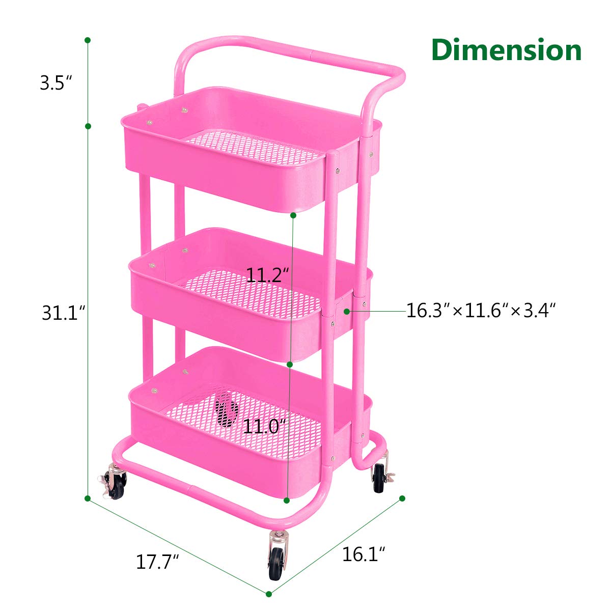 3-Tier Metal Mesh Rolling Cart Storage Organizer with Utility Handle and Wheels, Pink