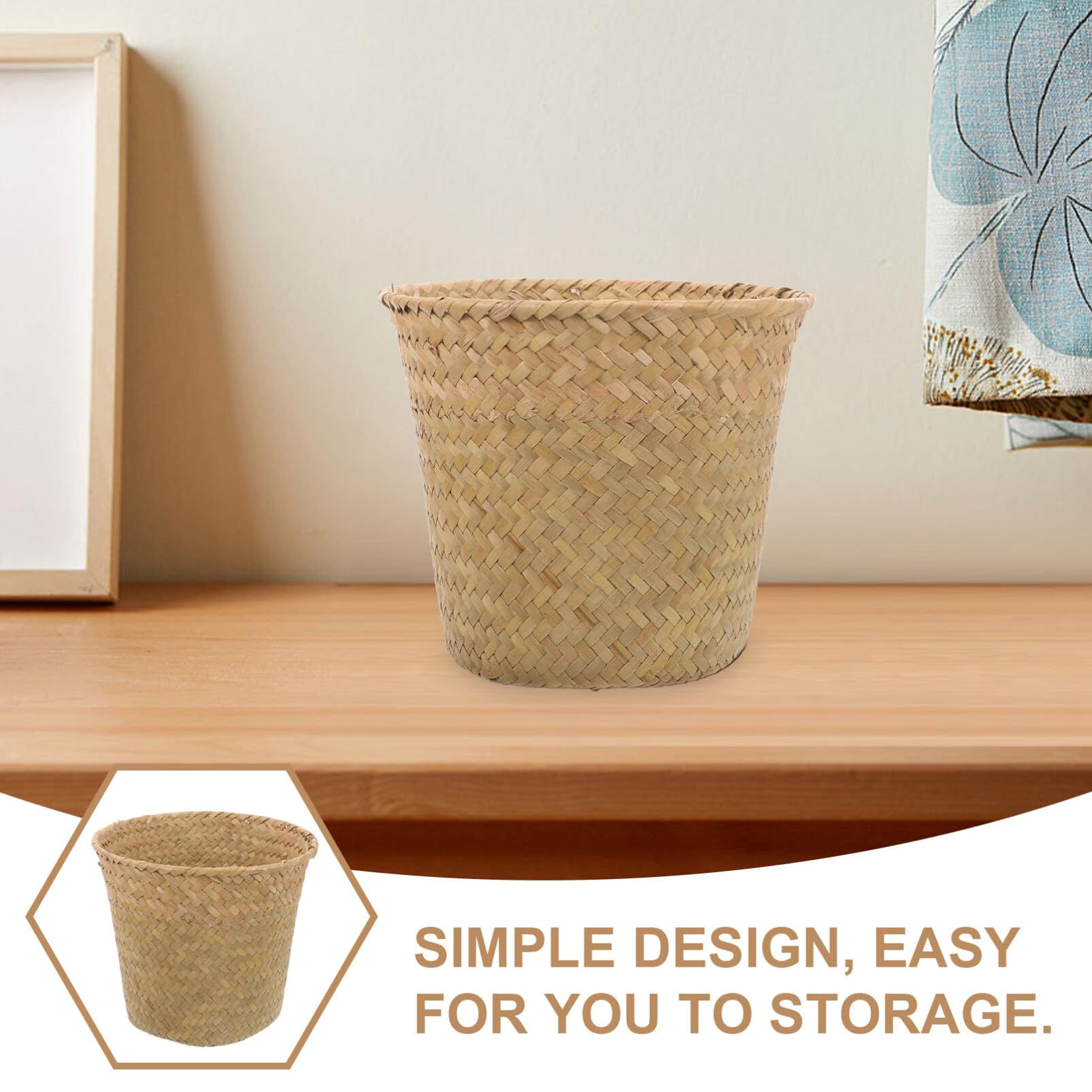 ABOOFAN Wicker Waste Basket Woven Trash Can Boho Recycle Garbage Container Bin Laundry Hamper Plant Flower Pot Storage Basket for Bathroom Kitchen Office