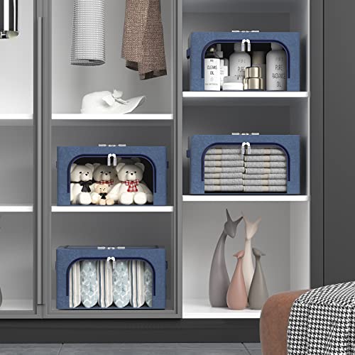 3 Pack Clothes Storage Box - Foldable Stackable Fabric Organizer for Clothing Metal Frame Storage Bins Box with Sturdy Handles and Large Clear Window (11L, Grey)