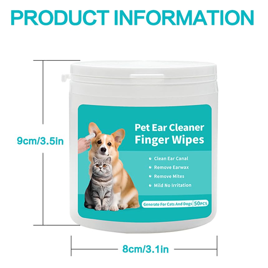 50 Pcs Ear Cleaner Finger Wipes, Dog Ear Finger Wipes, Ear Finger Wipes for Dogs Cats - Sooths & Deodorizes,Ear Relief Finger Wipes,Ear Cleansing Finger Wipes for Dogs,Sooths & Deodorizes (50 PCS)