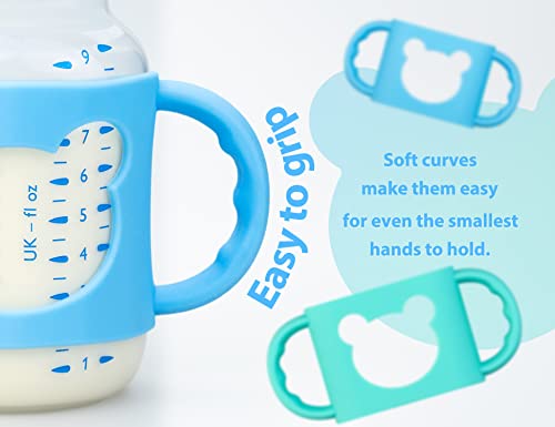 Baby Bottle Handles, Durable Food Grade Silicone Transitional Sippy Cup Handle Grip for Wide-Neck Baby Bottles, Cute Bear Design, Pack of 2, Blue & Turquoise