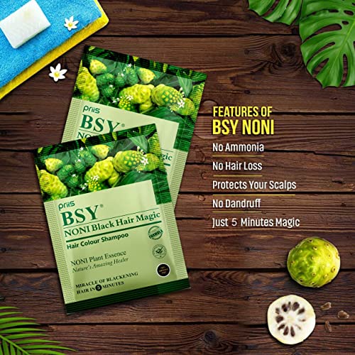 BSY Noni Black Hair Magic Shampoo | Hair Color | 10 Mins Ammonia-Free Shampoo-Based Hair Dye | 20ml X 12