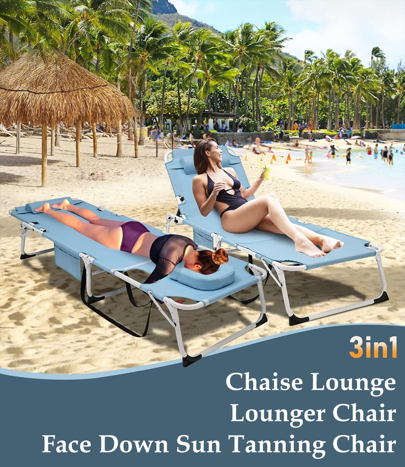 ABORON Patio Lounge Chair, 4in1 Folding Heavy Duty 500LB Loading Chaise Chair, Adjustable Portable Chair for Home Garden Beach Office Nap Camping Sleeping