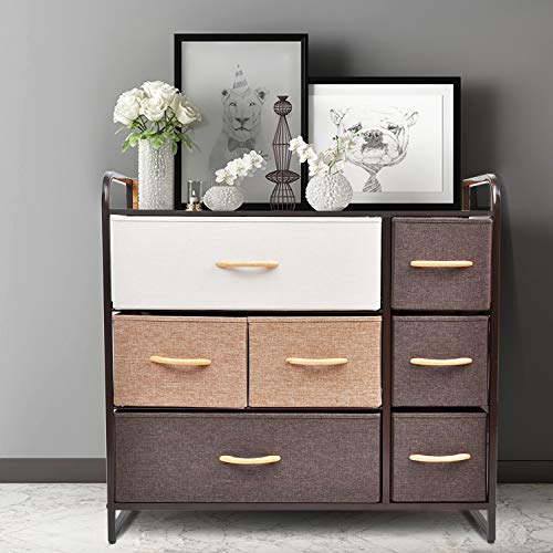 CERBIOR Drawer Dresser Closet Storage Organizer 7-Drawer Closet Shelves, Sturdy Steel Frame Wood Top with Easy Pull Fabric Bins for Clothing, Blankets - Mixture