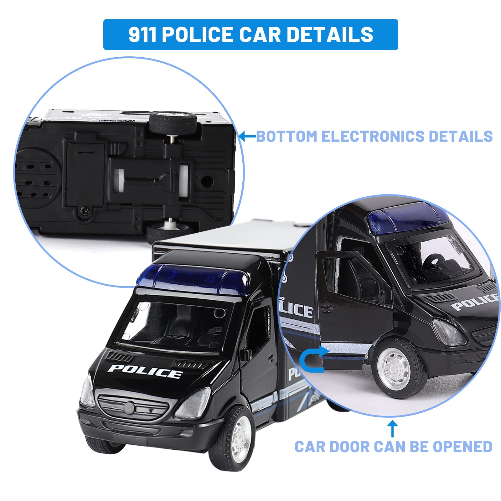 2 Pack Diecast Emergency Vehicle Toy Playsets,Pull Back Alloy Metal Car with Openable Doors,Fire Truck,Police Car Playset for Kids Boys