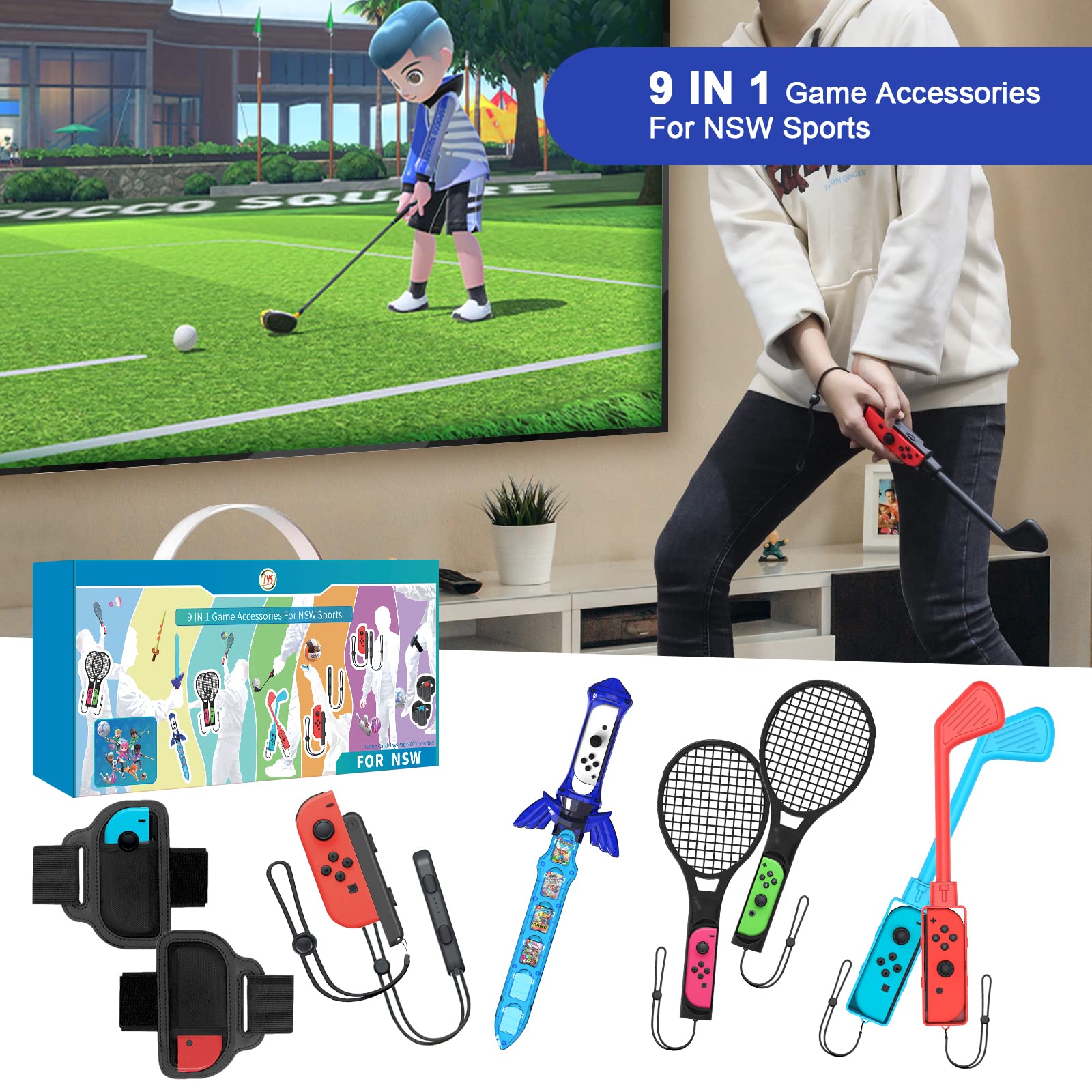 2022 Switch Sports Accessories Bundle - EJGAEM 9 in 1 Accessories Kit for Nintendo Switch & OLED : Golf Culb for Mario Golf Super Rush,JoyCon Strap,Sword,Comfort Leg Strap and Tennis Rackets