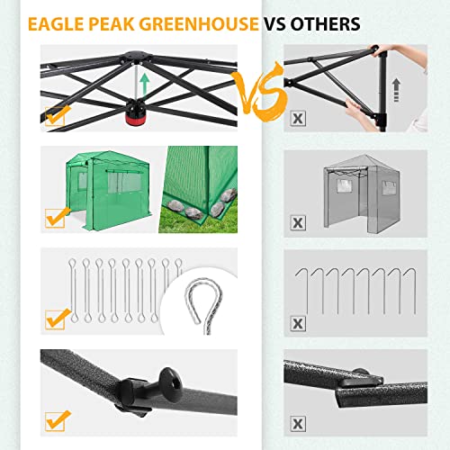 EAGLE PEAK 8x6 Portable Walk-in Greenhouse Instant Pop-up Indoor Outdoor Plant Gardening Green House Canopy, Front and Rear Roll-Up Zipper Entry Doors and 2 Large Roll-Up Side Windows, Green