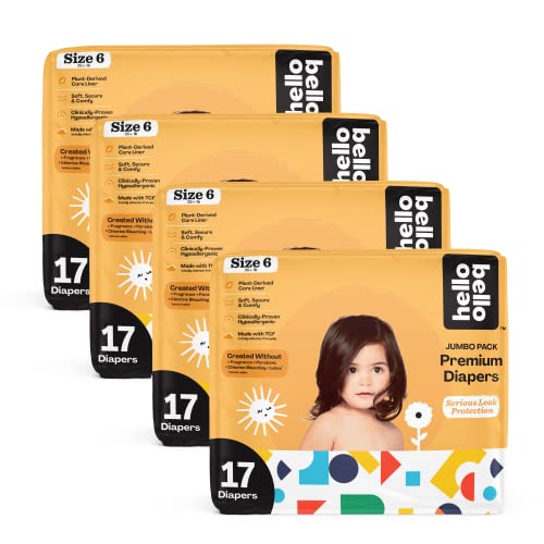 Hello Bello Premium Baby Diapers Size 6 I 68 Count of Disposable, Extra-Absorbent, Hypoallergenic, and Eco-Friendly Baby Diapers with Snug and Comfort Fit I Building Blocks