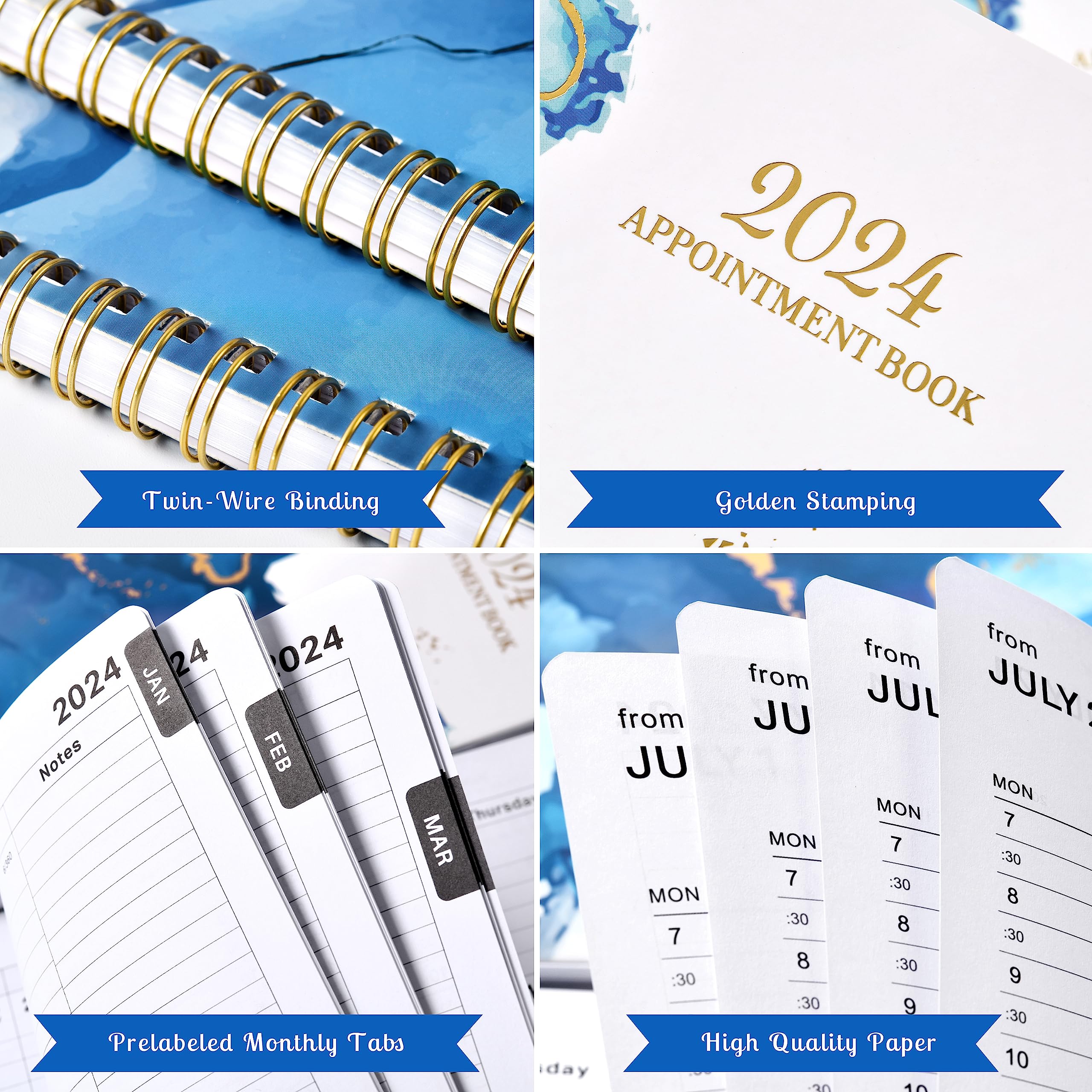 2024 Appointment Book - 2024 Daily Hourly Planner, 8" x 10", January 2024 - December 2024, Appointment Book 2024 with 30-Minute Interval + Thick Paper + Twin-Wire Binding + Printed Tabs - Indigo