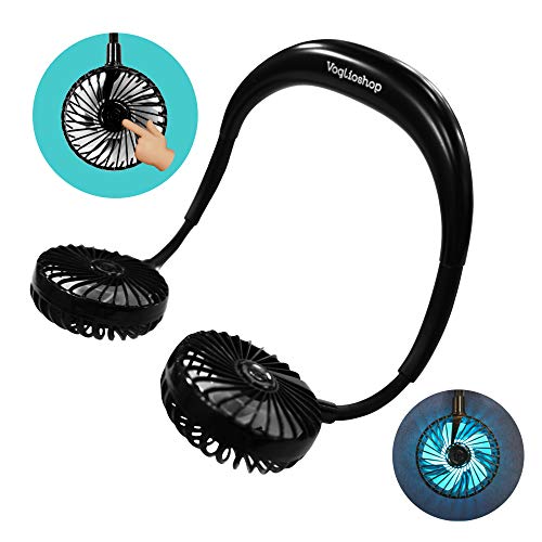 Voglioshop Personal Neck Fan, USB Rechargeable Portable Fan, Cooling Fan Ideal When You Do Any Activity and Wear a Face Mask, 3 Wind Speeds, LED Lights, Accessible Power Buttons, Long Lasting Battery