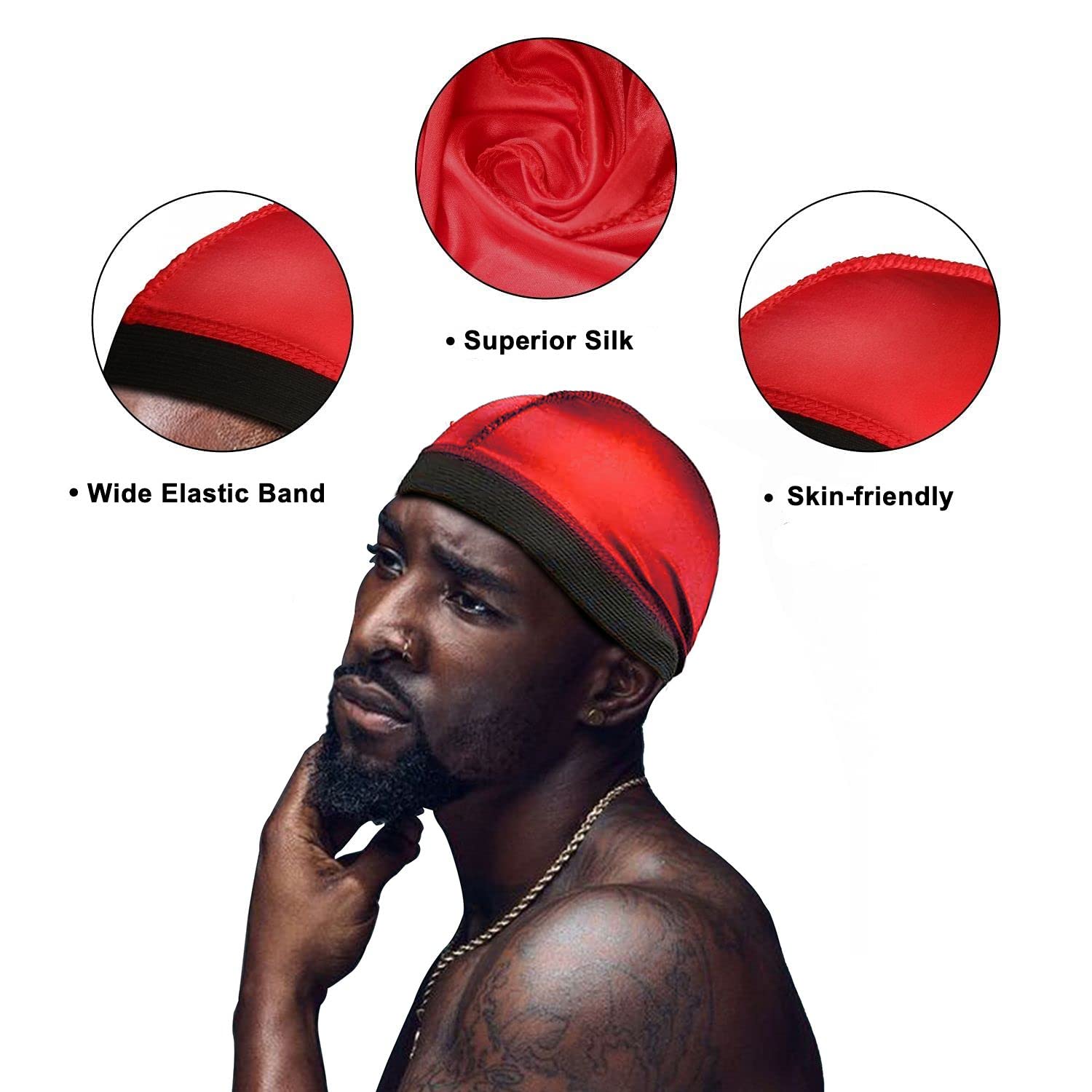 3PCS Wave Cap, Wave Caps for Men, Silk Durag Compression Cap for 360, 540, 720 Waves (Black, Red, Silver)
