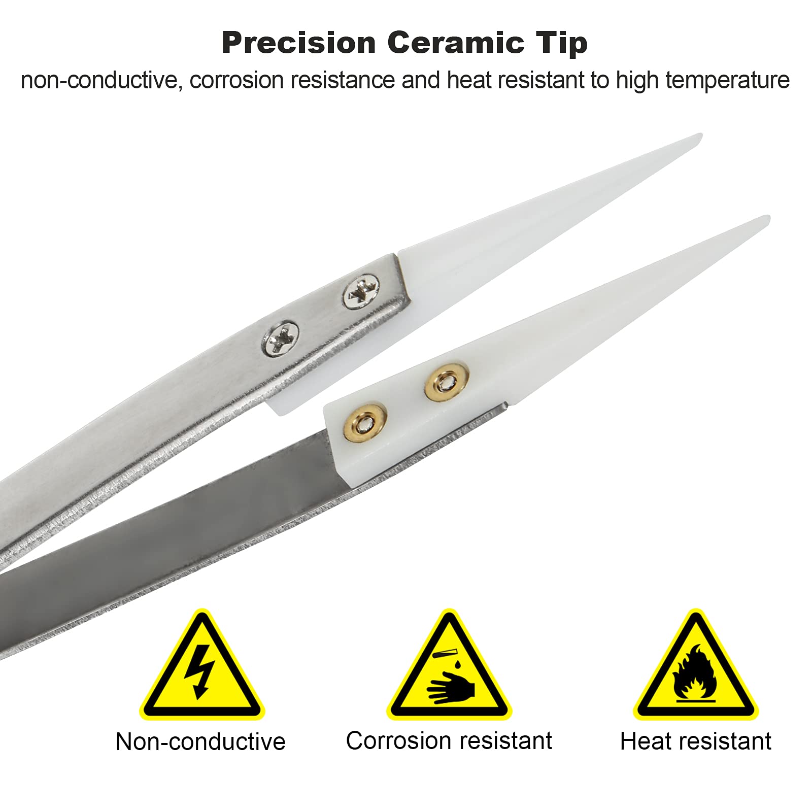 6 Pcs Precision Ceramic Reverse Solder Tweezers, Non-Conductive, Anti-Magnetic Pointed & Curved Tips Tweezers Set, Cross Lock Fiber Grip Soldering Tool, Heat-resistant Electronics Tweezers