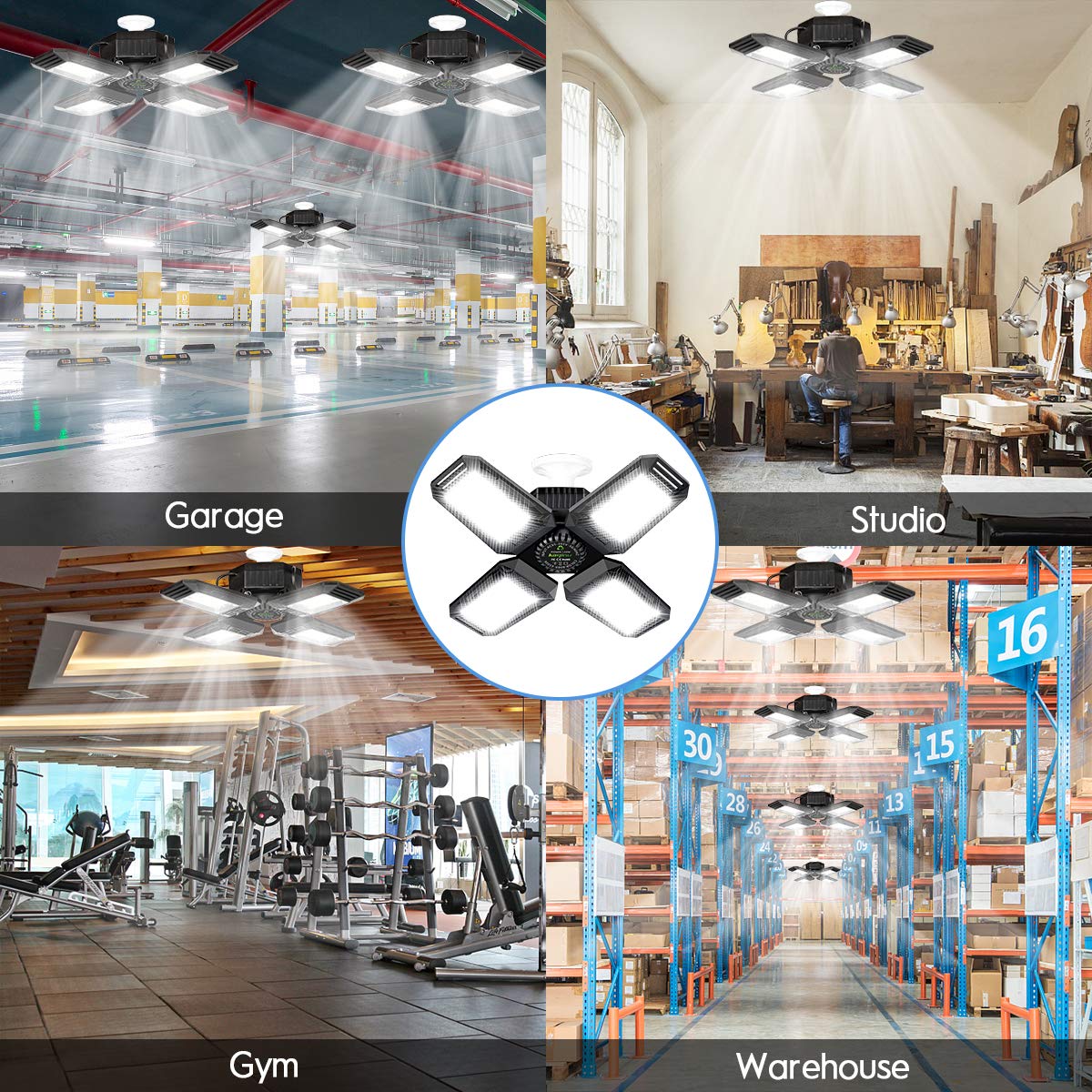 2 Pack LED Garage Lights, Deformable LED Garage Light 120W 15000LM 6500K Shop Lights with 4 Adjustable Panels for Workshop Basement Warehouse Residential High Bay Light Support E26/E27 Screw Socket
