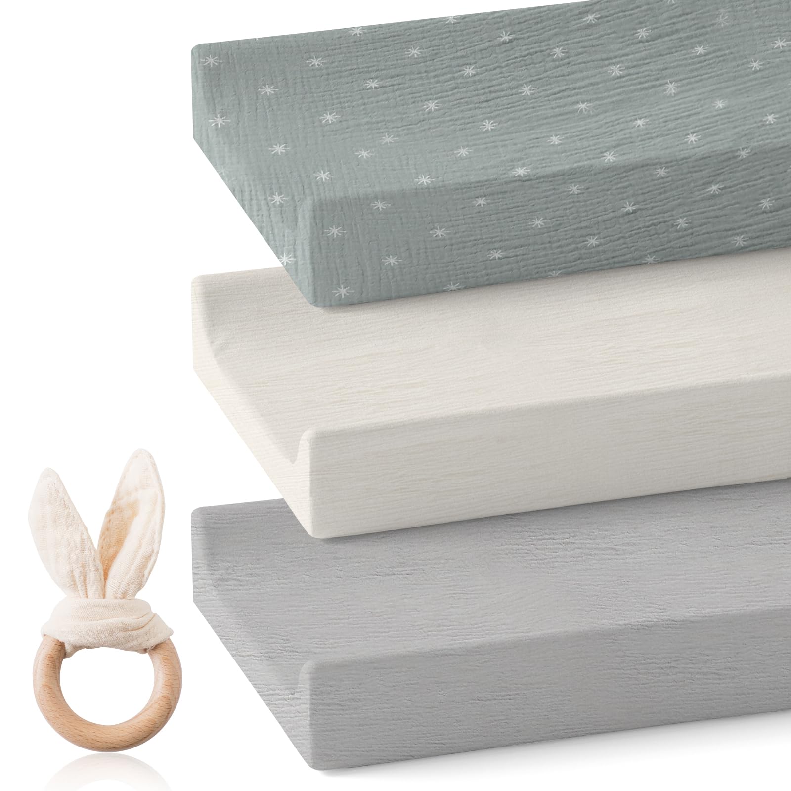 3 Pack Muslin Bassinet Sheet Fitted for Changing Pad, Baby Changing Basket, Moses Basket, Bedside Bassinet,Cradle丨100% Cotton Neutral Bassinet Sheets for Oval, Hourglass, Rectangular Mattress Pads